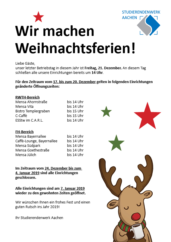 Öffnungszeiten Weihnachten und Neujahr - Studierendenwerk Aachen Öffnungszeiten Weihnachten und Neujahr - Studierendenwerk Aachen